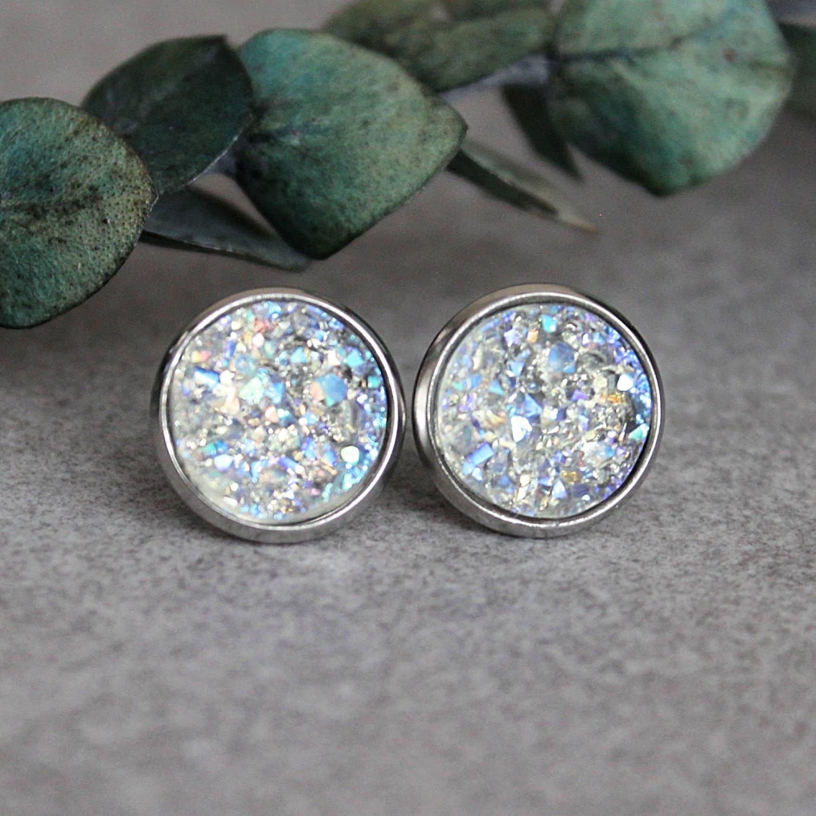 Grey Stud Earrings Grey Earrings Grey Druzy Earrings - Etsy