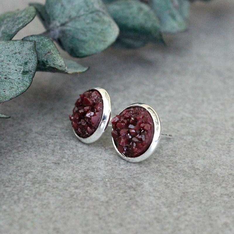 Maroon Stud Earrings Maroon Earrings Maroon Druzy Earrings | Etsy