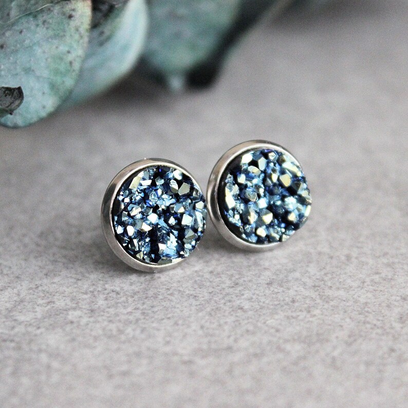 Navy Blue Earrings Navy Blue Druzy Earrings Dark Blue Stud | Etsy