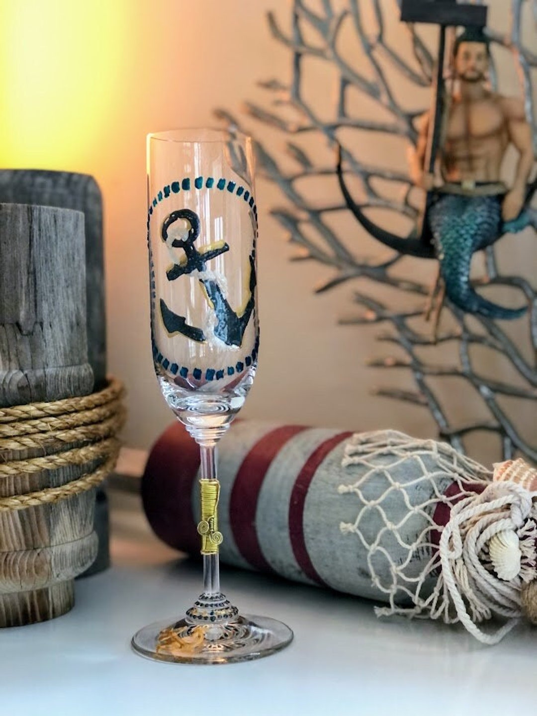 Hand Painted Riedel Crystal Champagne Flute: Coastal Anchor Design - Etsy