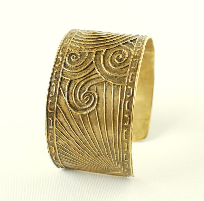 Aztec Sun Large Bracelet | Mexican Brass Spiral Cuff | Bohemian Tribal ...