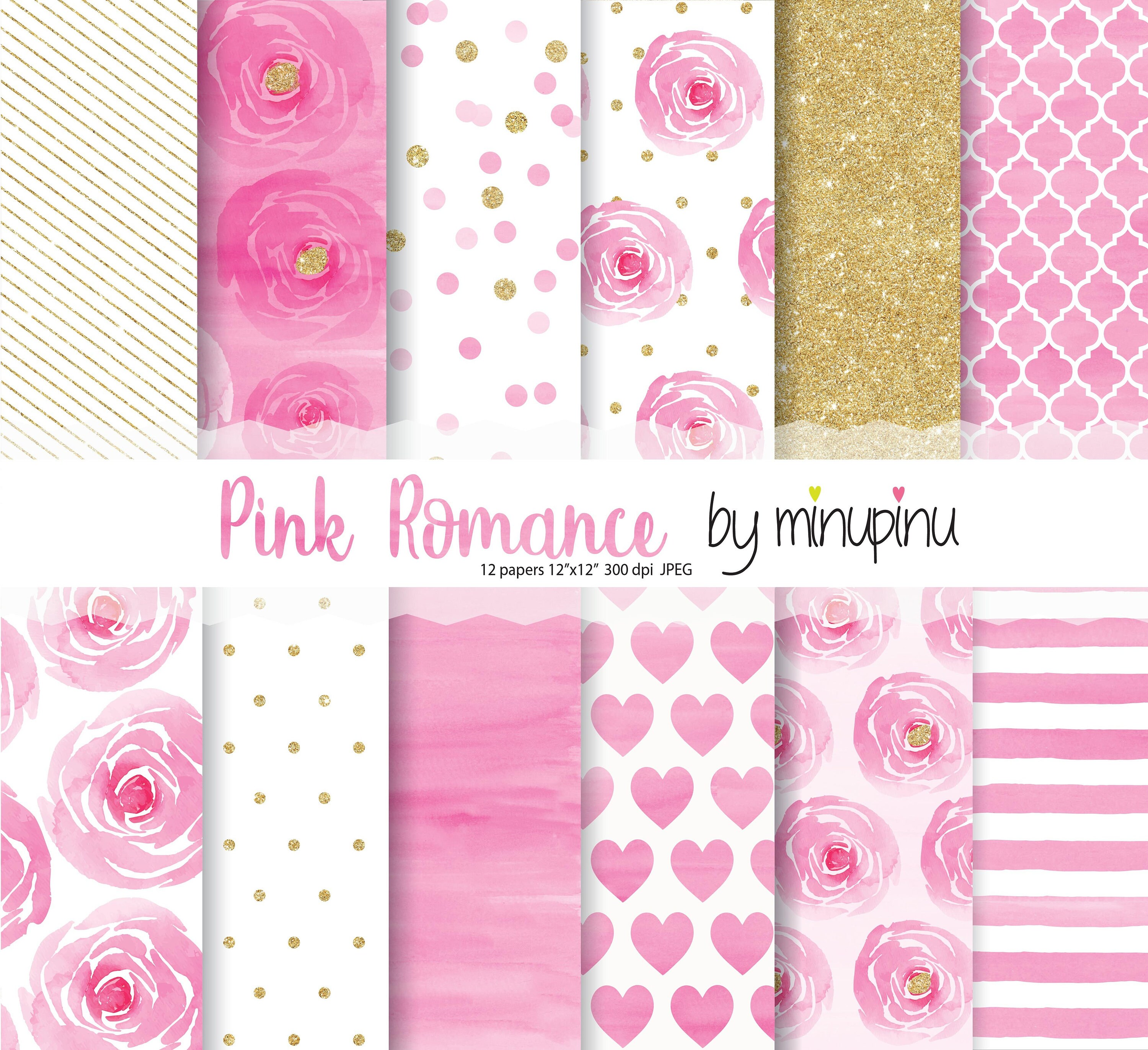 Pink Romance, Pink and Gold Digital Paper, Floral Digital Paper, Pink ...