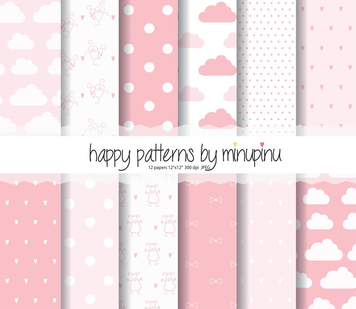 Baby Digital Paper , Baby Girl - Pink Patterns, Clouds, Dots, Hearts ...