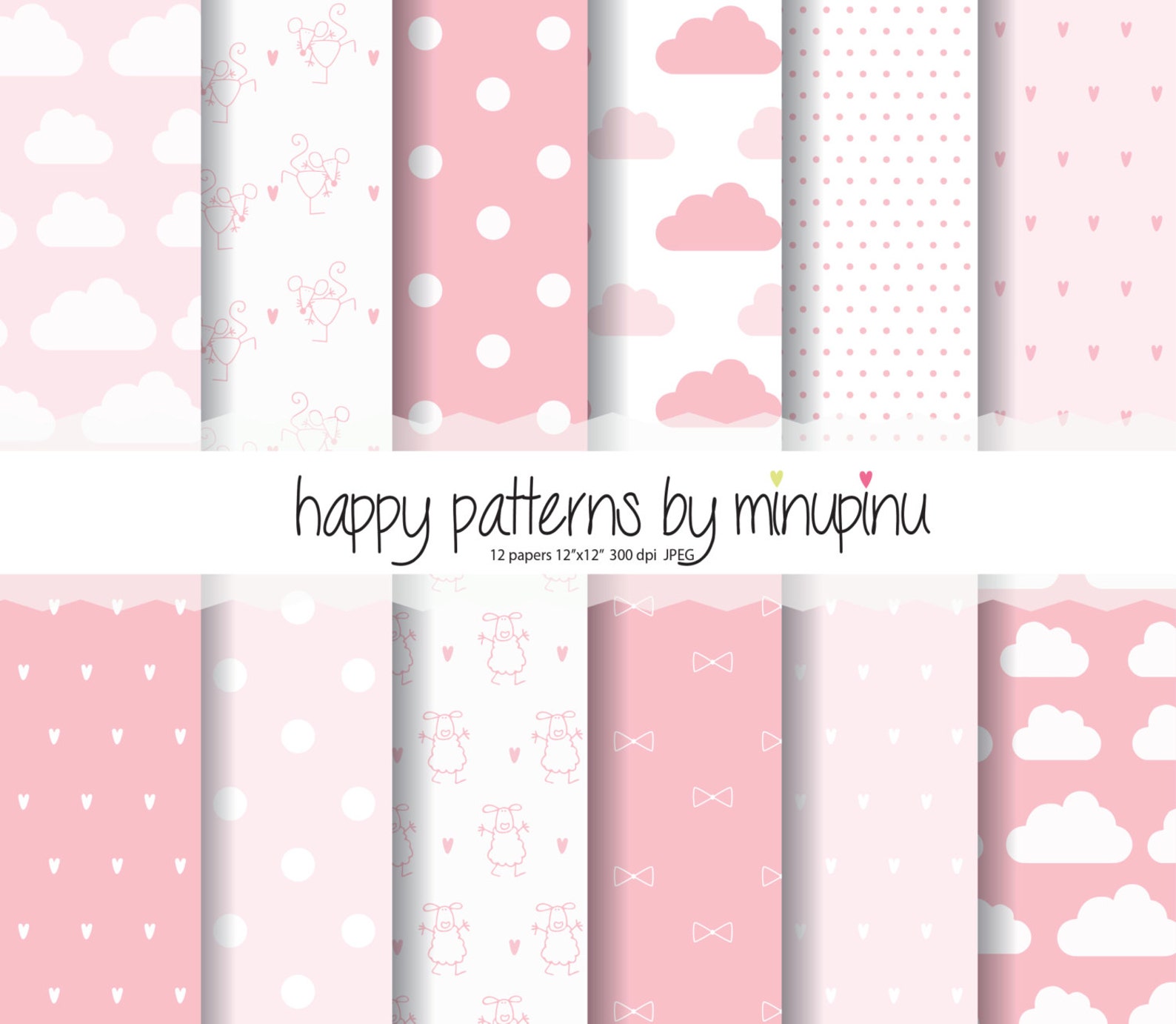 Baby Digital Paper , Baby Girl - Pink Patterns, Clouds, Dots, Hearts ...