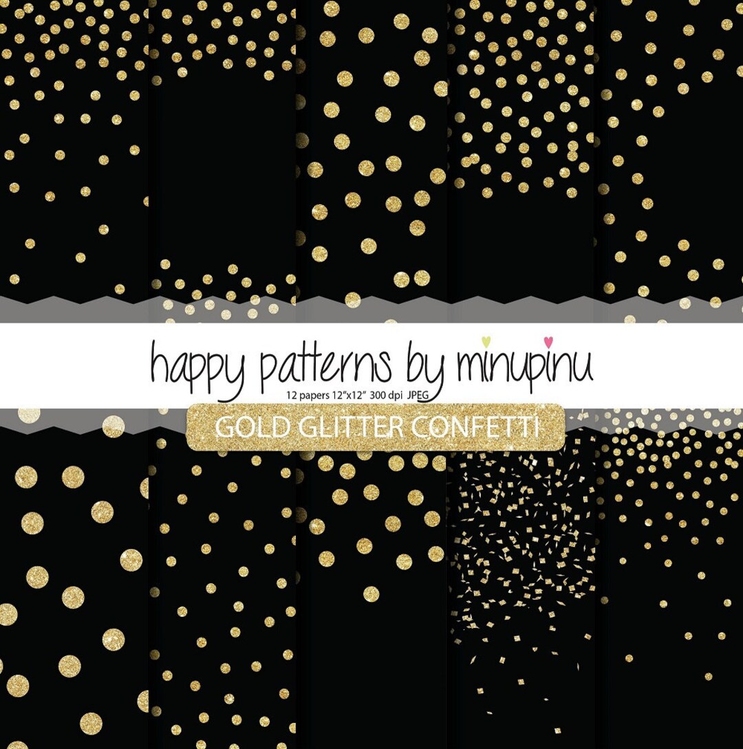 Confetti Digital Paper, Gold Glitter Confetti on Black Background ...