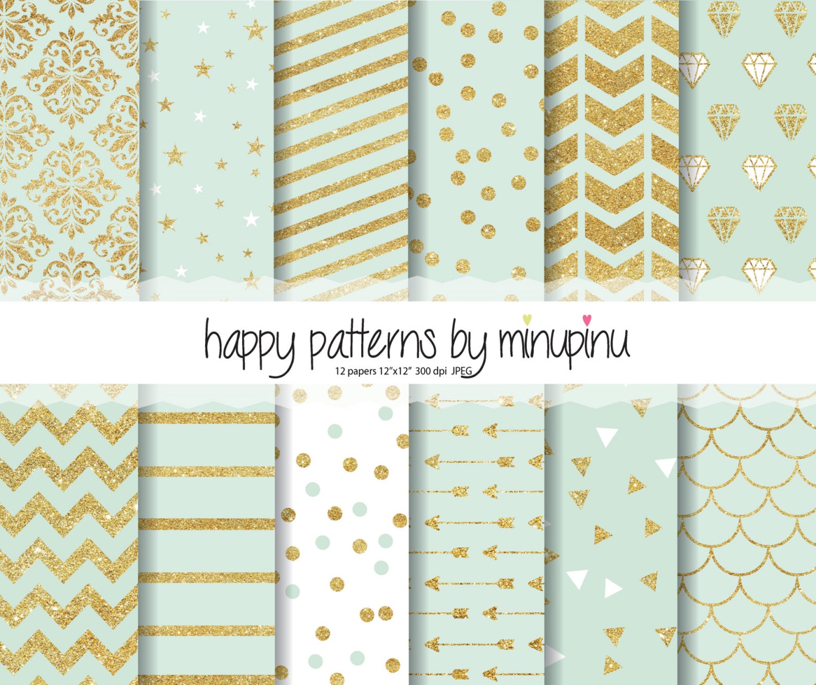Mint and Gold Glitter Digital Papers, Gold Glitter Patterns on Mint ...
