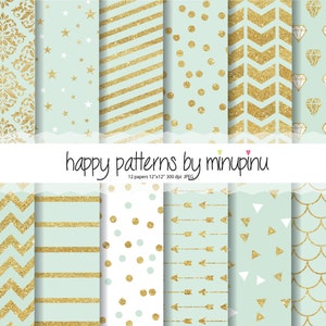 Mint and Gold Glitter Digital Papers Gold Glitter Patterns on | Etsy