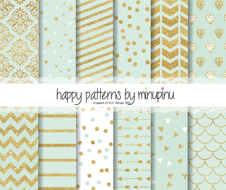 Mint and Gold Glitter Digital Papers, Gold Glitter Patterns on Mint ...