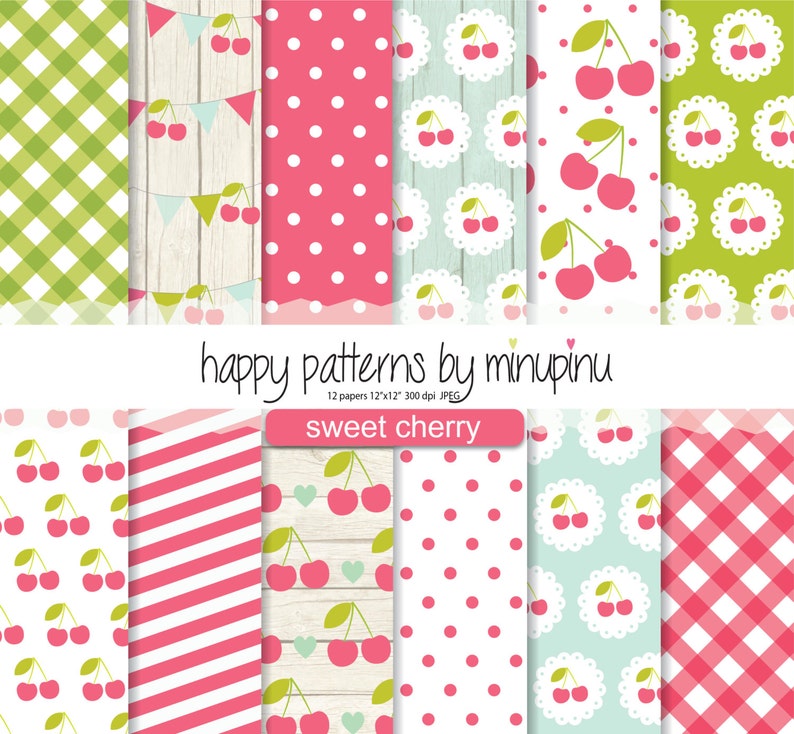 Cherry Digital Paper, Sweet Cherry Patterns, Red Green and Blue ...