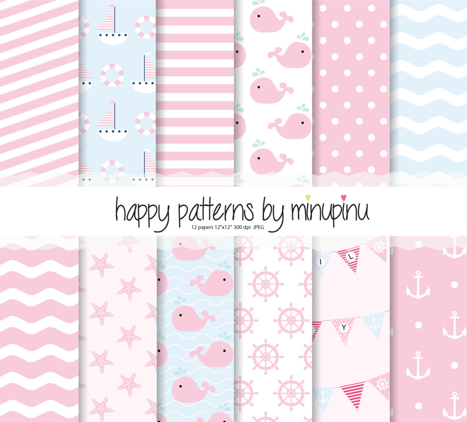 Nautical Digital Paper, Baby Girl Nautical, Sweet Baby Pink Nautical ...