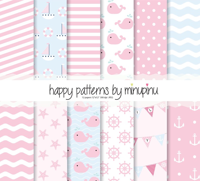 Nautical Digital Paper, Baby Girl Nautical, Sweet Baby Pink Nautical ...