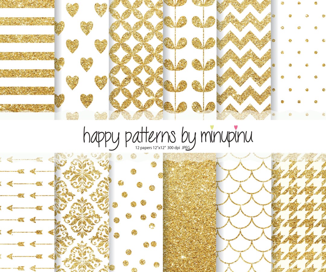 Gold Glitter Digital Paper, White and Gold Glitter Patterns, Glitter ...