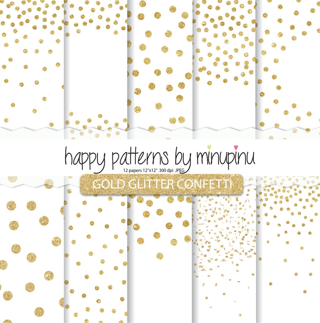 Confetti Digital Paper, Gold Glitter Confetti on White Background ...