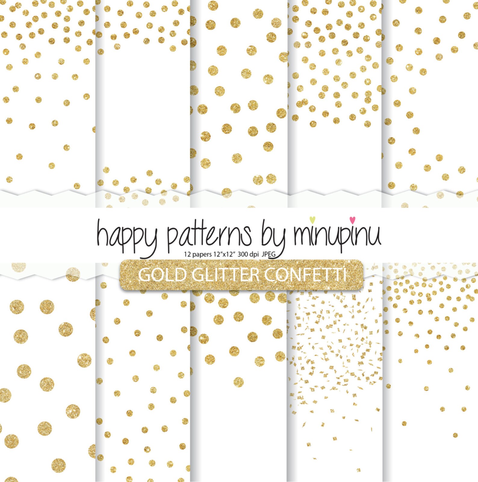 Confetti Digital Paper, Gold Glitter Confetti on White Background ...