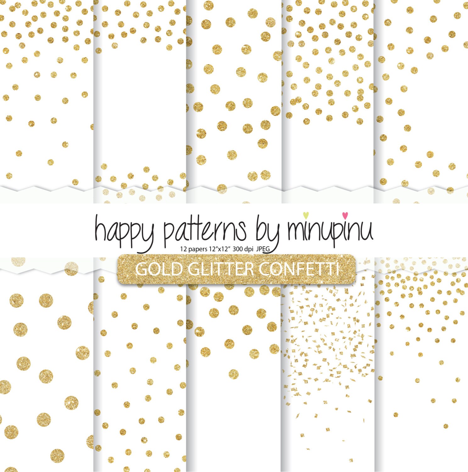 Confetti Digital Paper, Gold Glitter Confetti on White Background ...