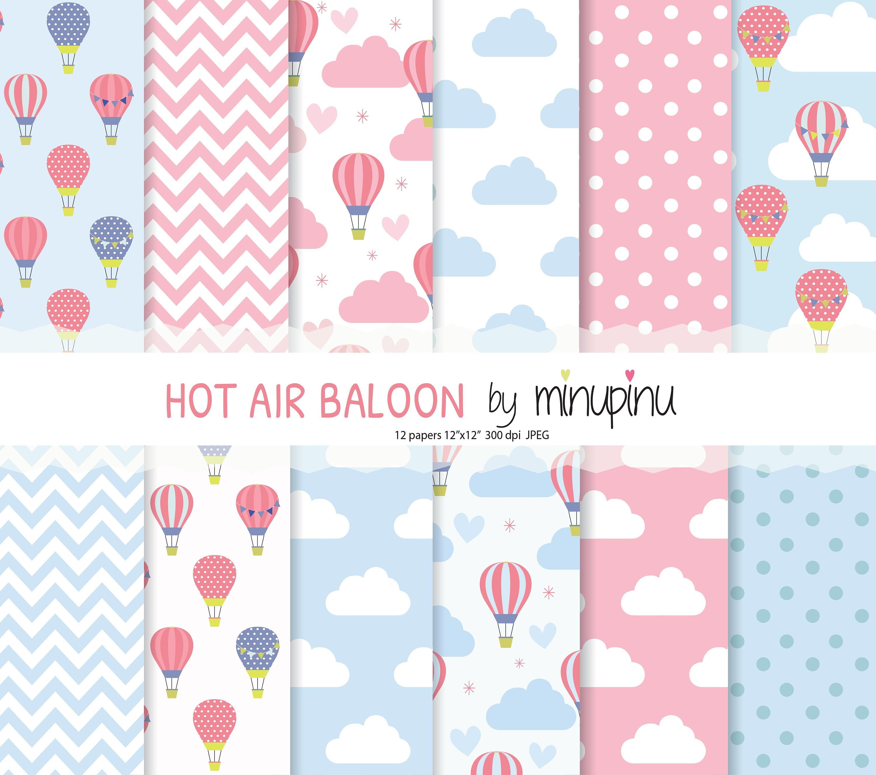 Hot Air Balloon Digital Paper, Pink and Blue Hot Air Balloons, Baby Hot ...