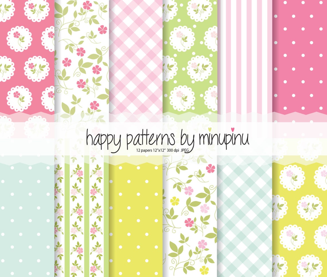 Shabby Chic Digital Paper, Spring Shabby Patterns, Bright Color ...