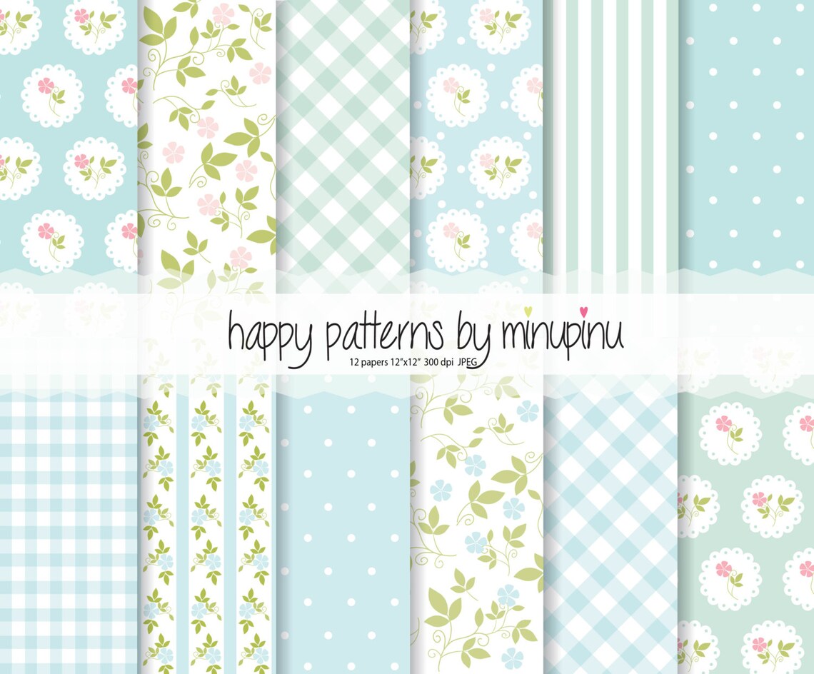 Shabby Chic Blue and Mint Digital Paper, Baby Blue Patterns, Cottage ...