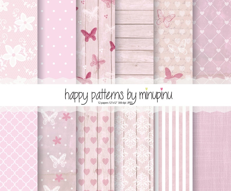 Pink Digital Paper, Romantic Butterfly Patterns on Old Rustic ...