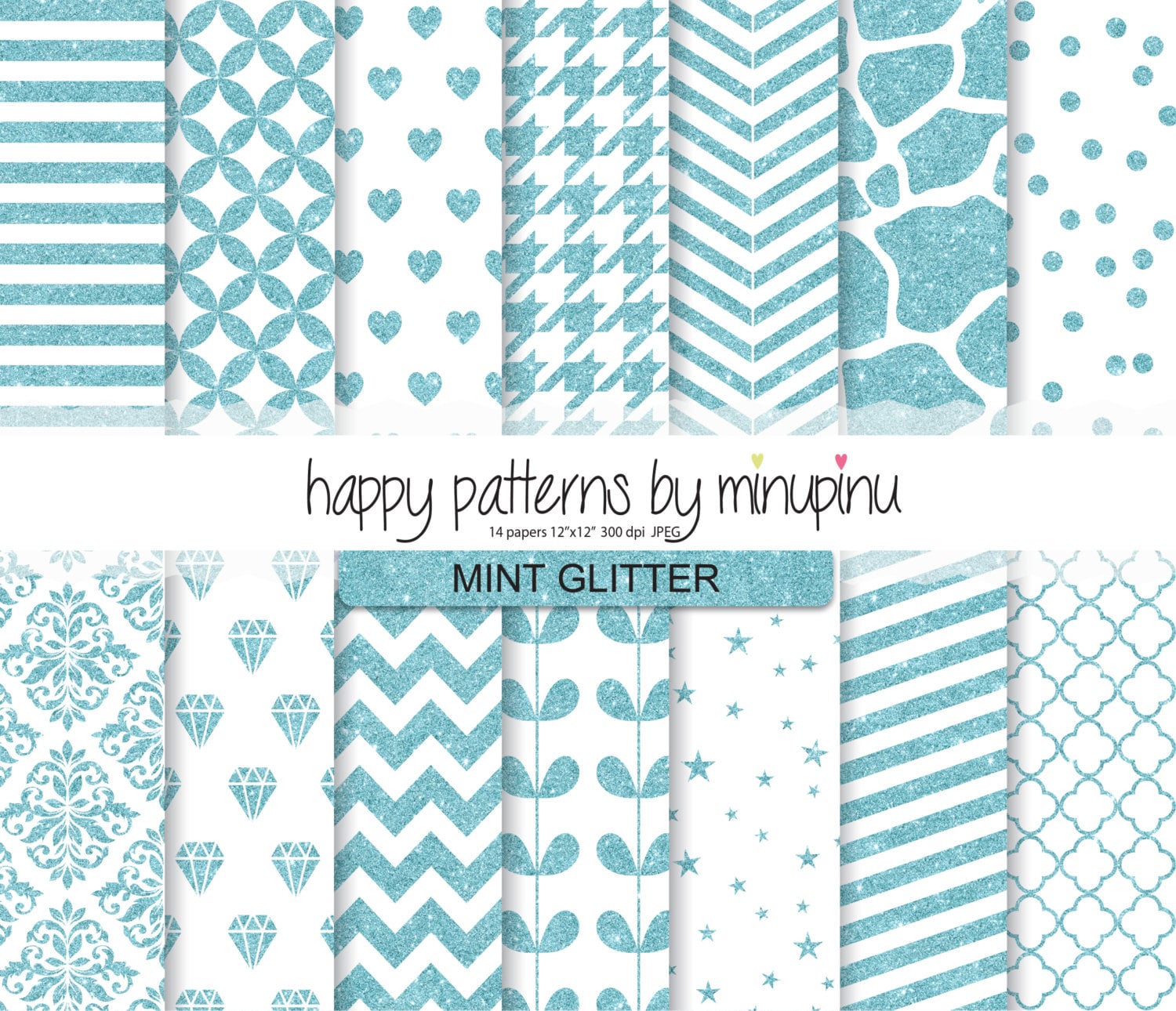 Mint Glitter Digital Paper Mint Patterns With Stars Damask - Etsy