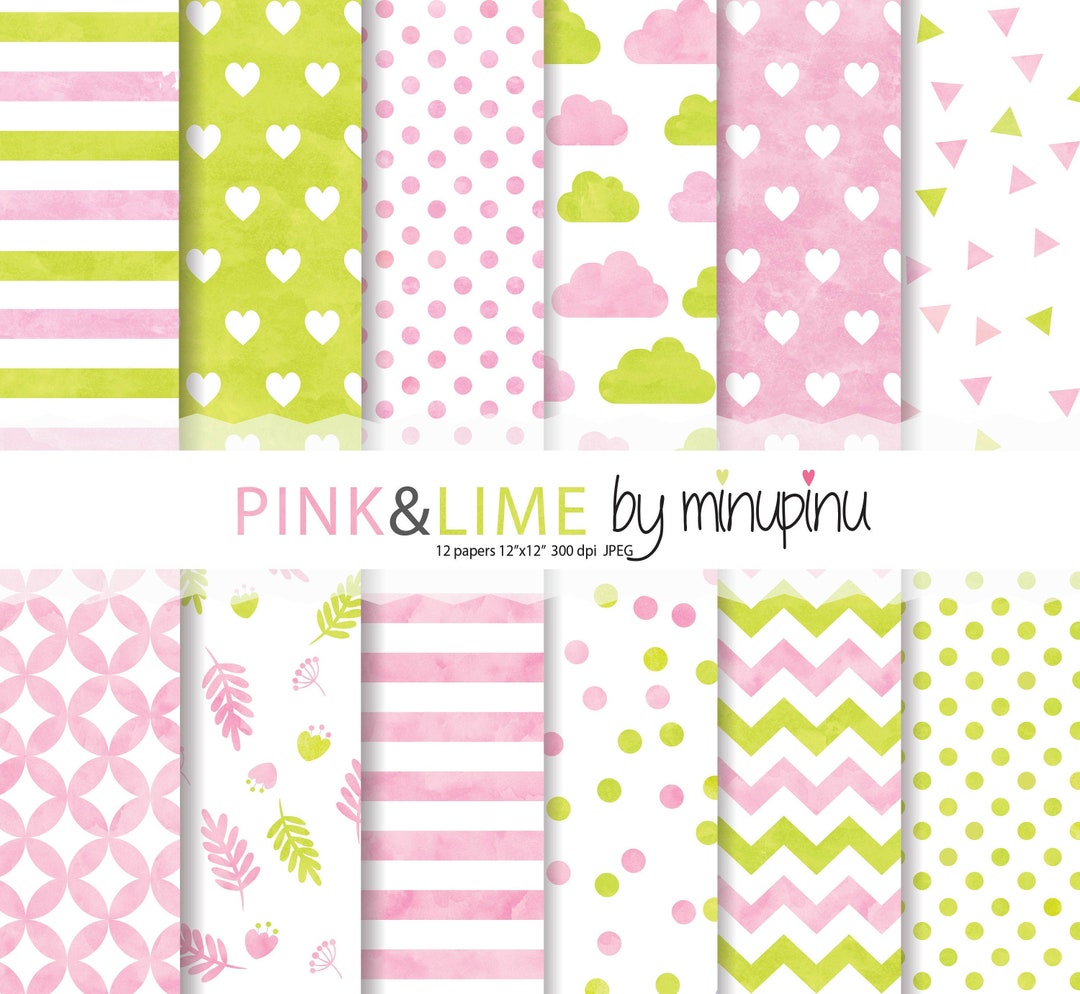 Pink & Lime Digital Paper, Pink and Lime Green Patterns, Watercolor ...