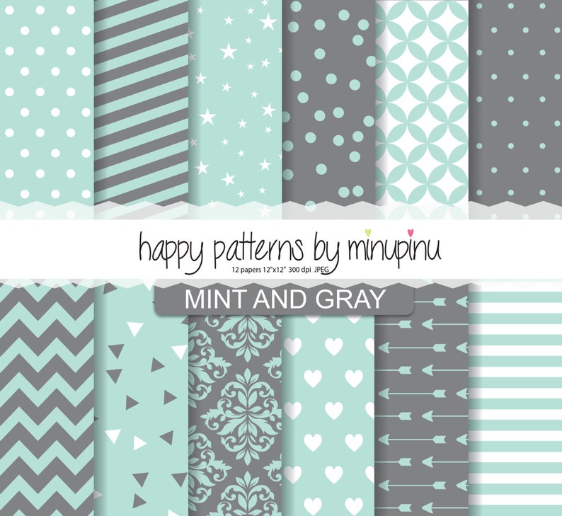 Mint and Gray Digital Paper, Mint and Gray Patterns With Stripes ...