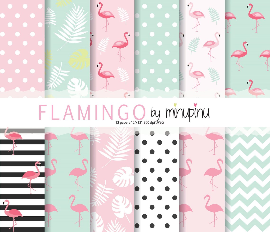 Flamingo Digital Paper, Pink and Mint Flamingos Background, Digital ...