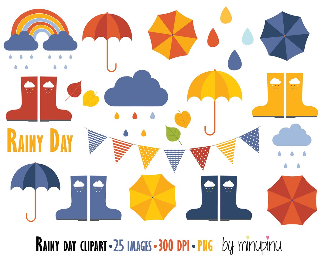 Rainy Day Clipart, Autumn Rain Clip Art, Clouds, Umbrella, Rain Boots ...