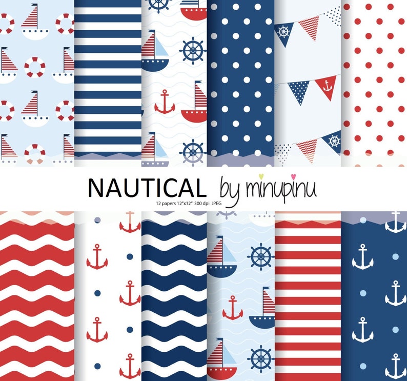 Sail Away, Nautical Digital Paper, Nautical Patterns With Anchor, Boat ...