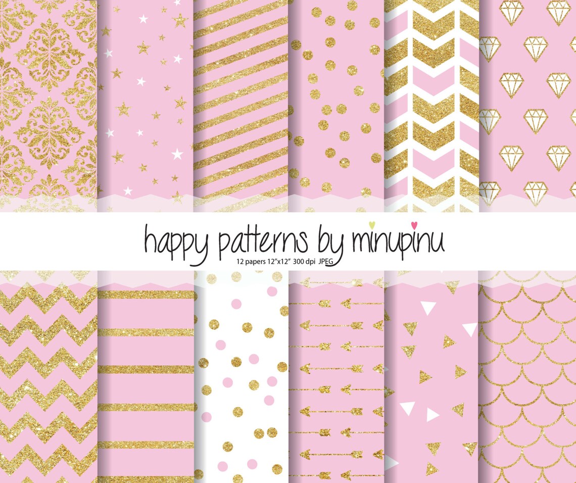 Pink and Gold Glitter Digital Papers, Gold Glitter Patterns on Pink ...