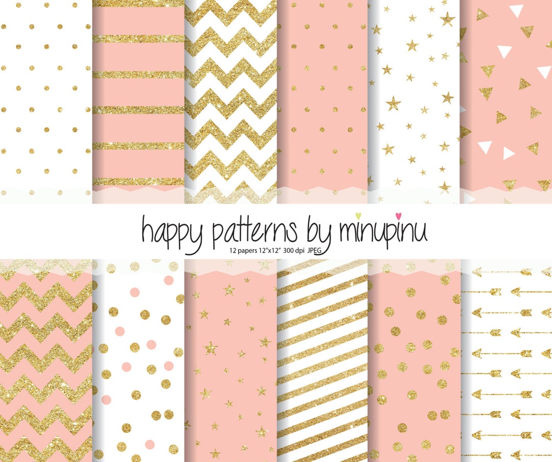 Peach and Gold Glitter Digital Paper, Gold Glitter Patterns, Glam Party ...