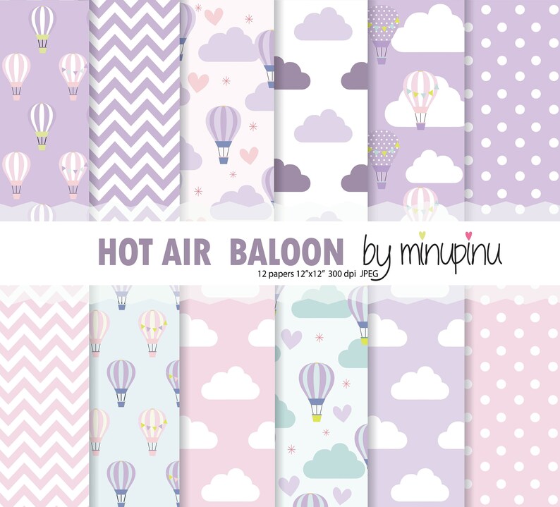 Hot Air Balloon Digital Paper, Violet and Pink Hot Air Balloon, Balloon ...
