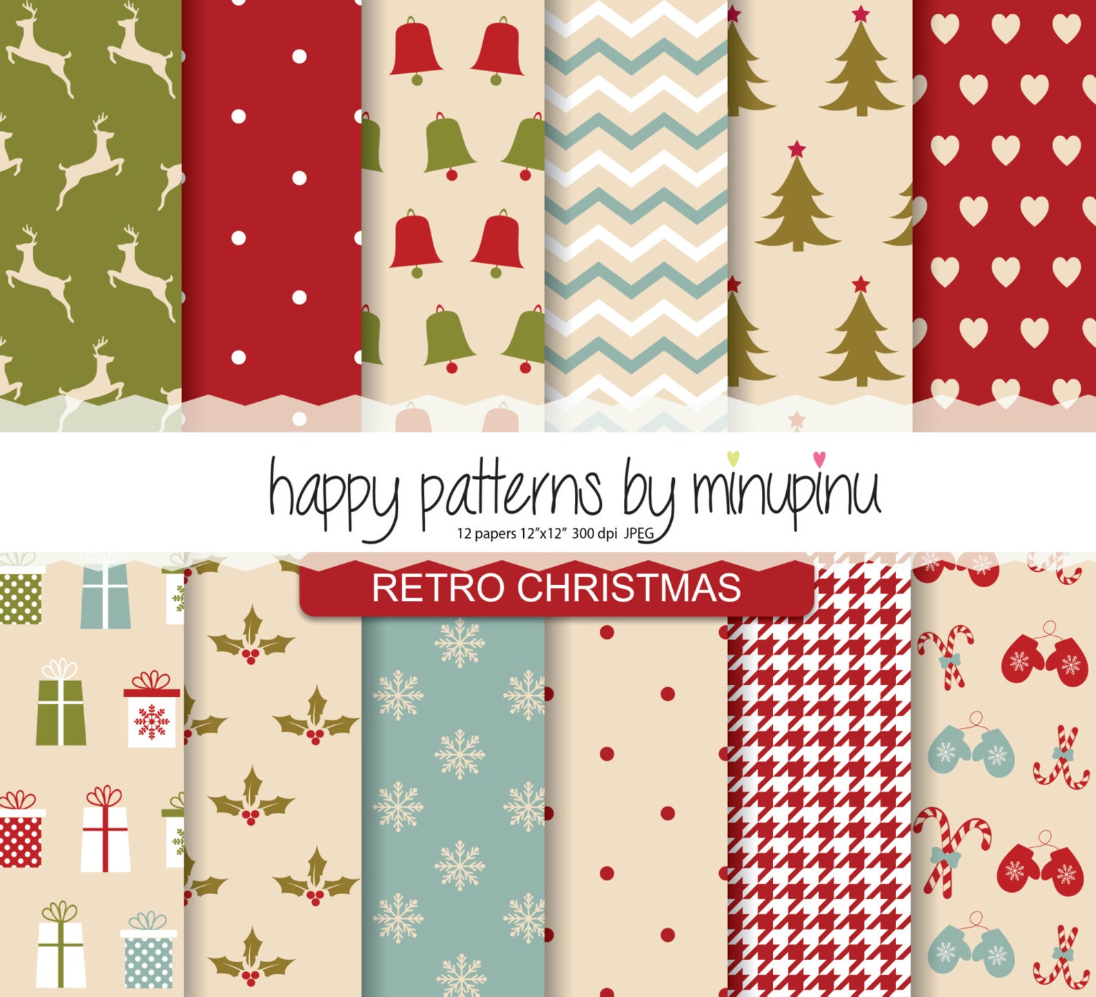 Retro Christmas Digital Paper, Holiday Scrapbook Paper, Vintage ...