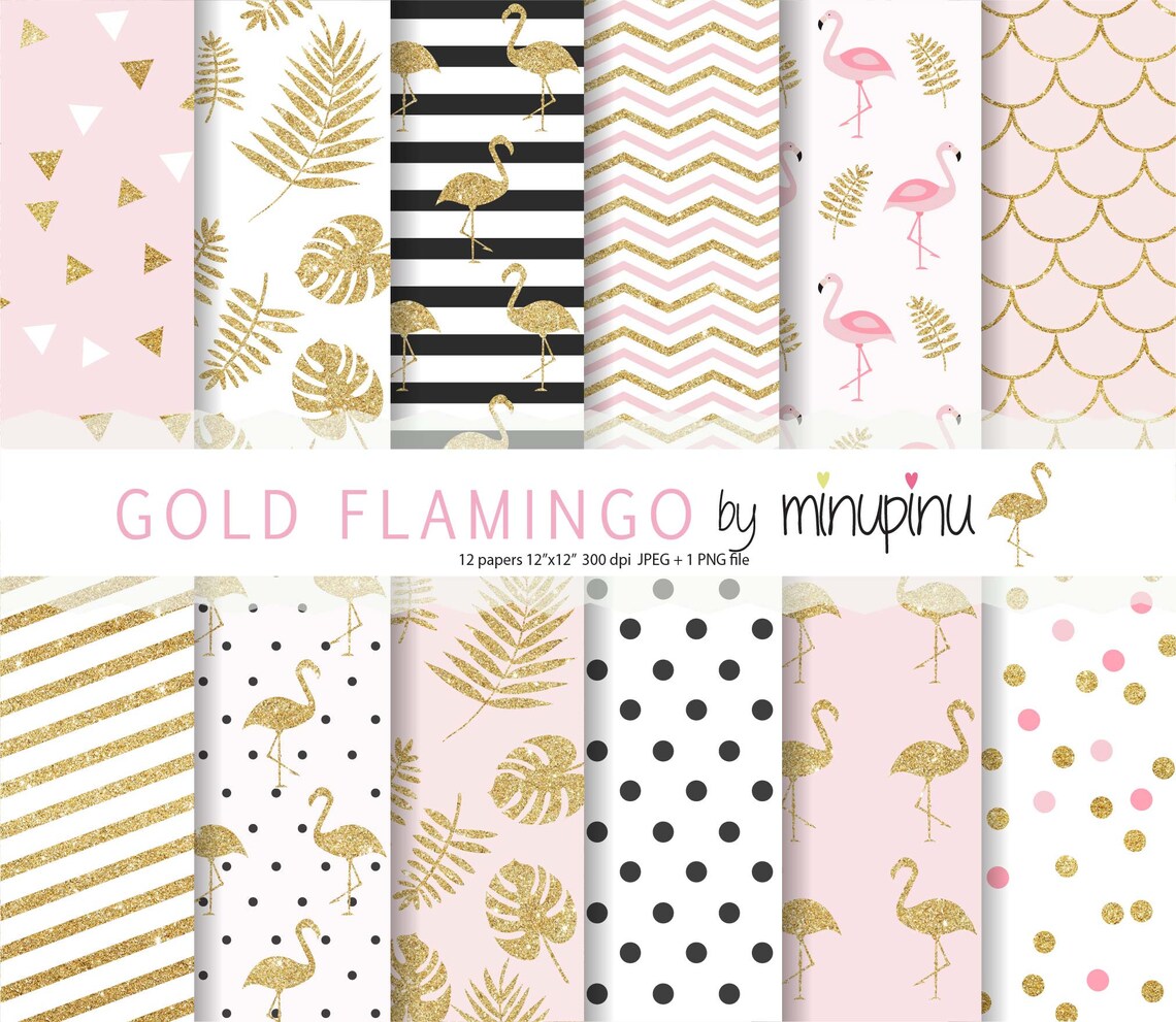 Flamingo Digital Paper, Gold Flamingo , Pink and Gold Flamingo ...