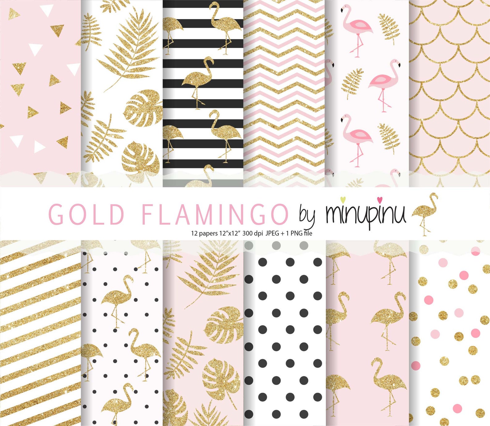 Flamingo Digital Paper, Gold Flamingo , Pink and Gold Flamingo ...