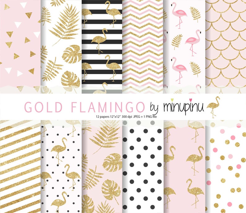 Flamingo Digital Paper, Gold Flamingo , Pink and Gold Flamingo ...