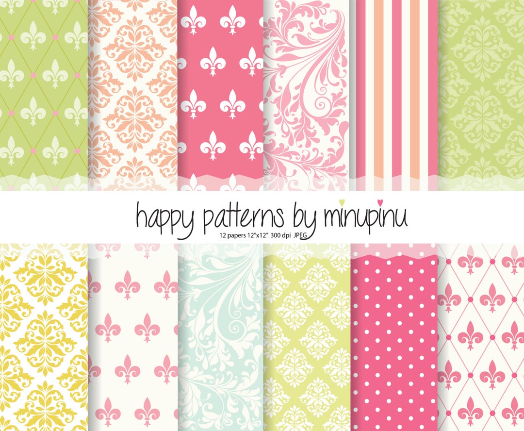 Damask Digital Paper, Spring Damask With Classical Elements in Fresh ...