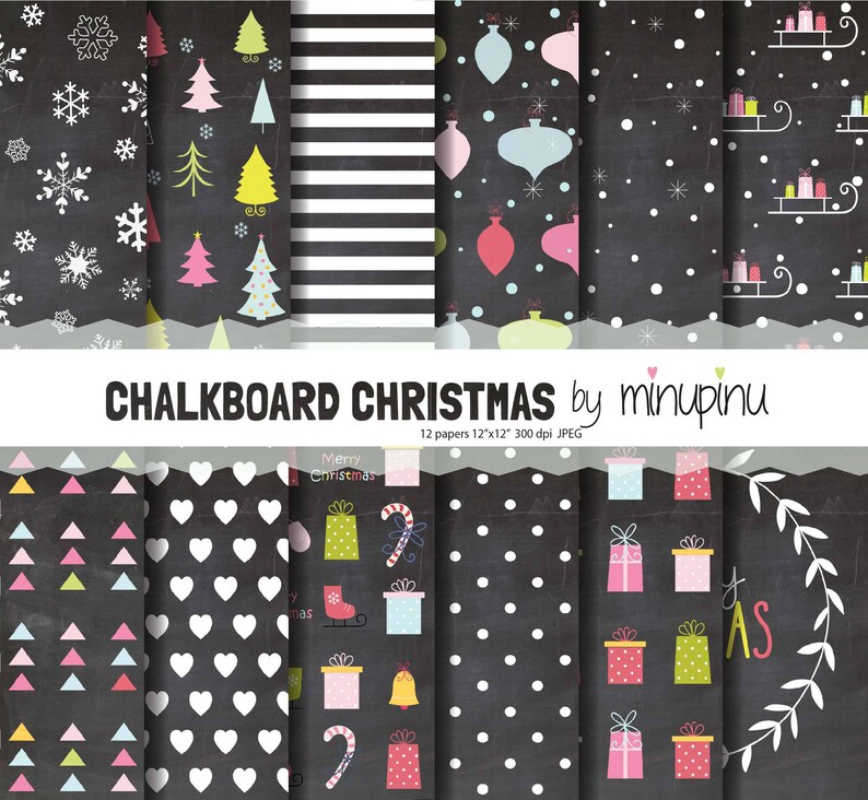 Christmas Digital Paper, Chalkboard Christmas, Snowflakes, Christmas ...