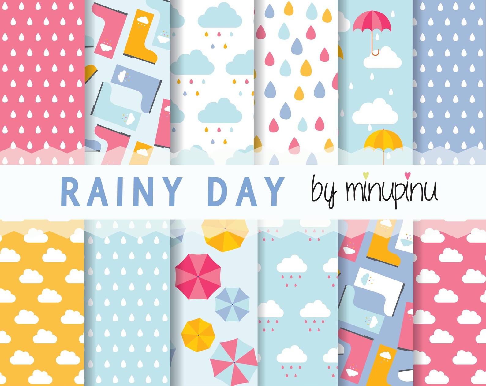Rain Digital Paper, Spring Rain, Cloud and Raindrop Pattern, Umbrella ...