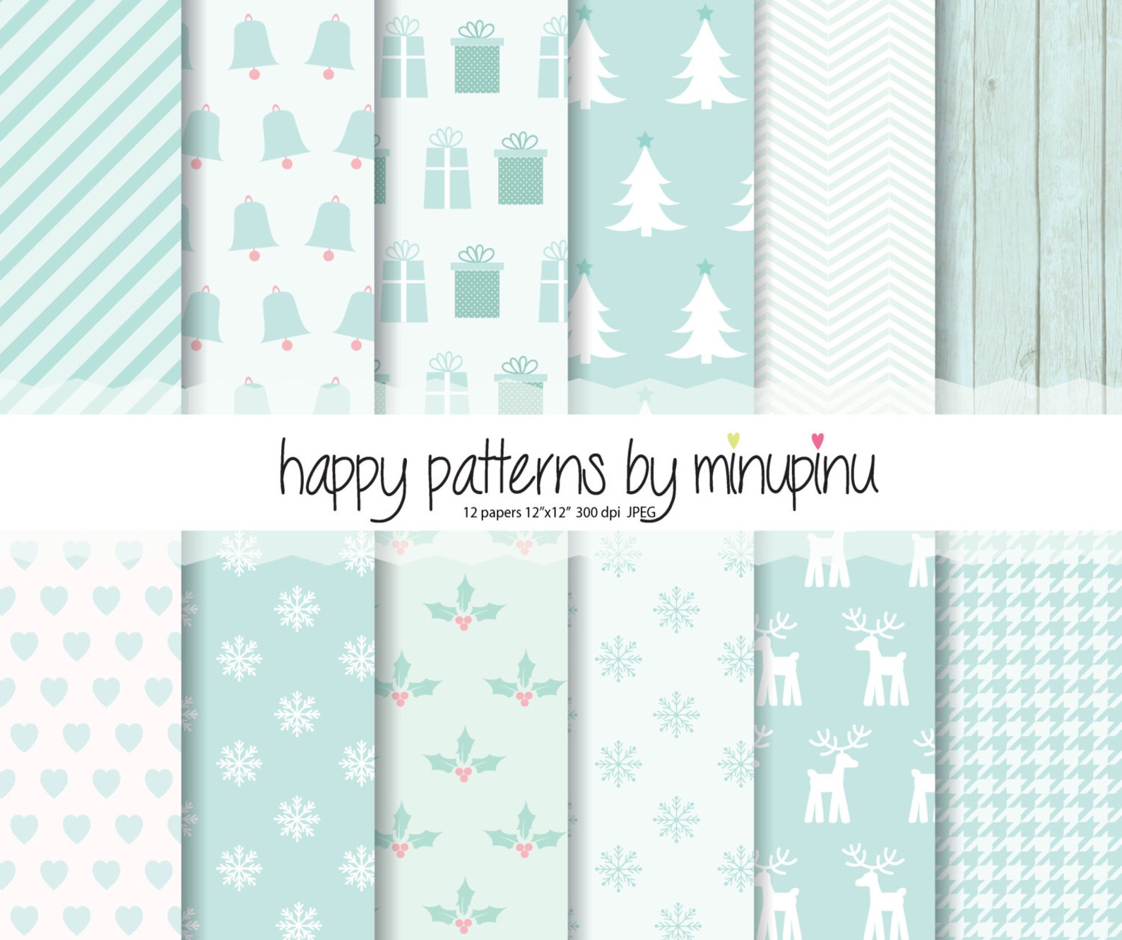 Christmas Digital Paper, Mint Christmas, Chrismas Tree, Snowflakes ...
