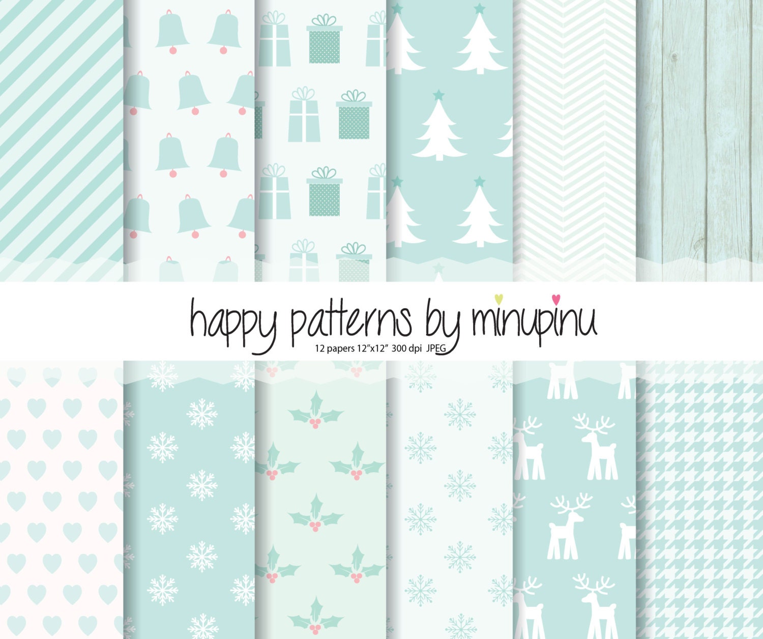 Christmas Digital Paper, Mint Christmas, Chrismas Tree, Snowflakes ...