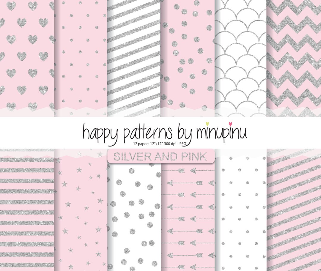Silver and Pink Digital Paper, Silver Glitter on Pink Background,silver ...