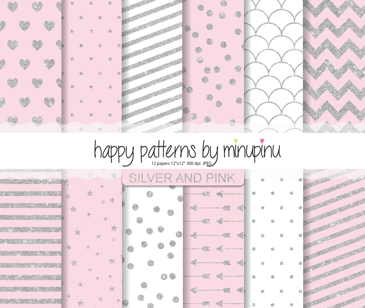Silver and Pink Digital Paper, Silver Glitter on Pink Background,silver ...