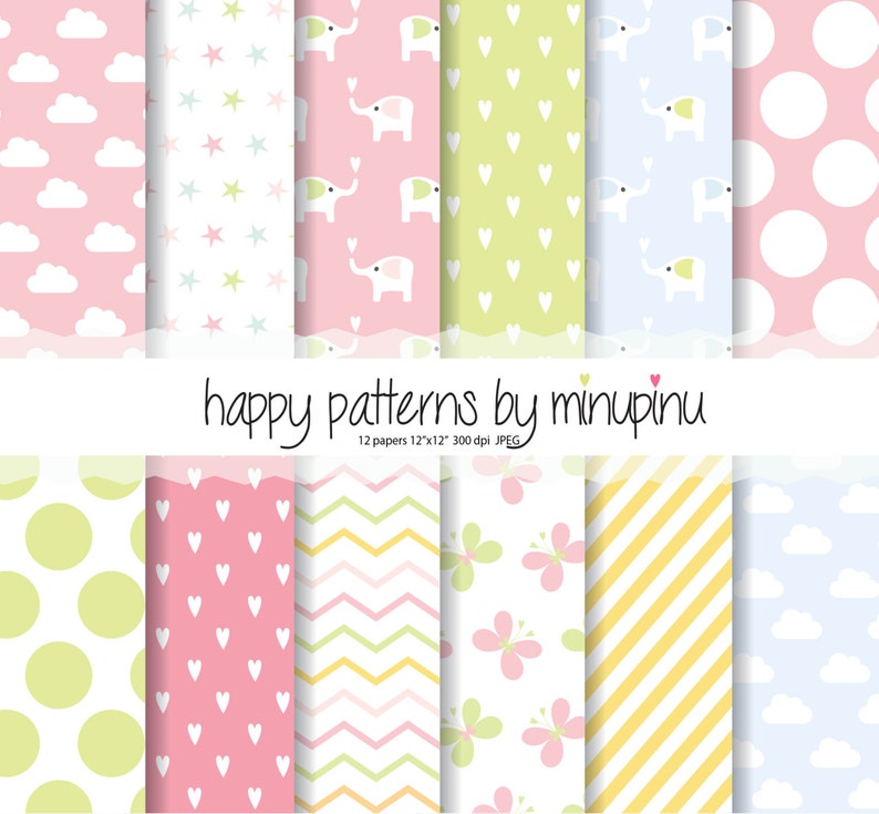 Baby Digital Paper, Baby Elephants, Butterflies, Stars, Hearts, Clouds ...