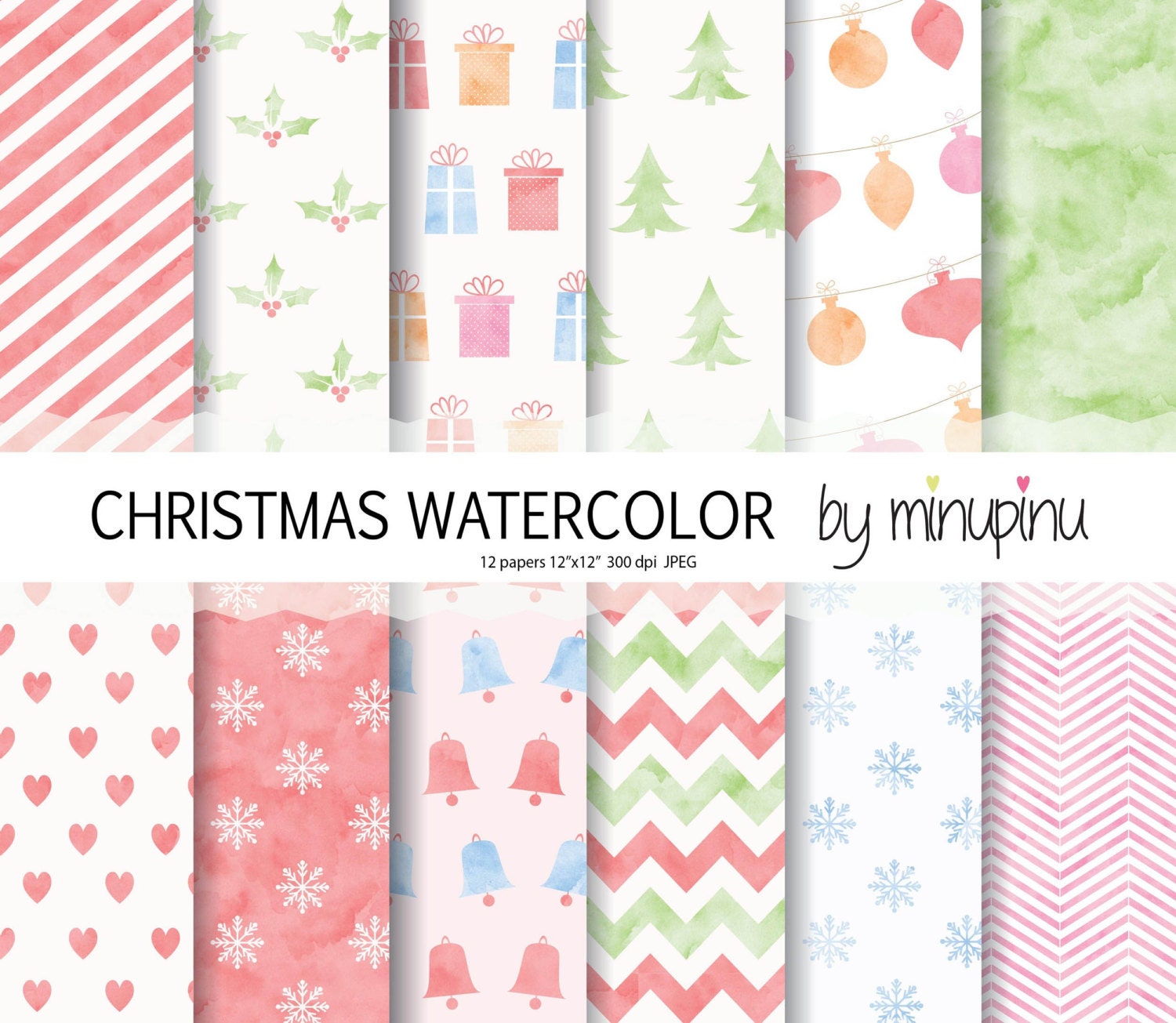 Christmas Digital Paper, Watercolor Christmas Scrapbook Paper ...