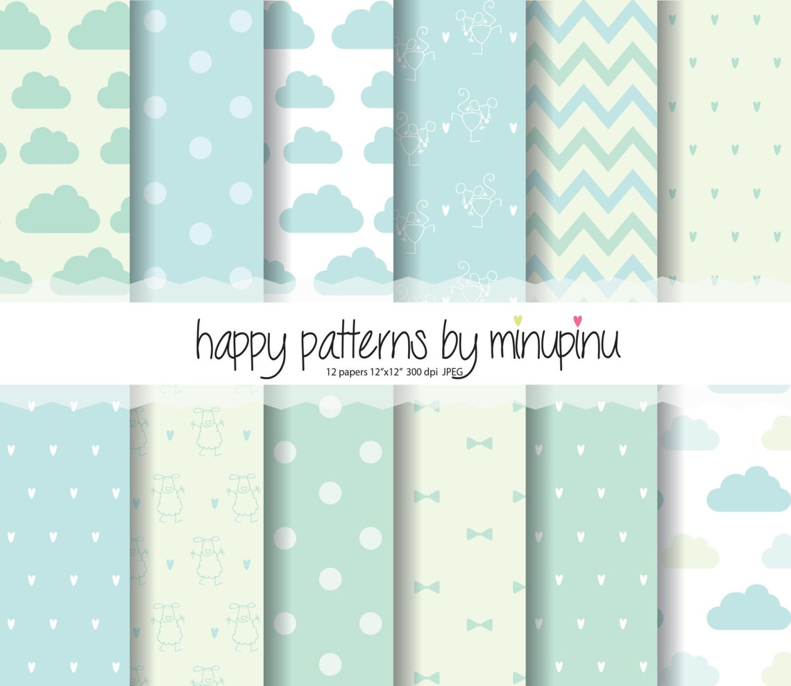 Baby Digital Paper, Baby Boy - Mint and Blue Patterns, Clouds, Dots ...