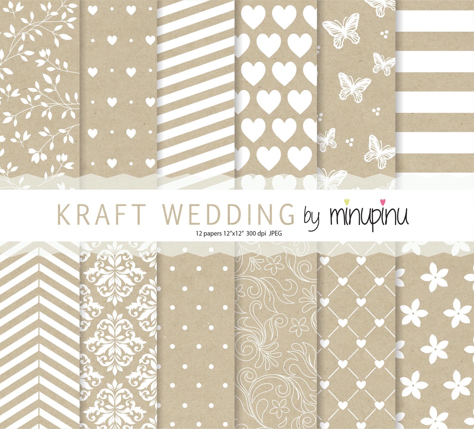 Wedding Digital Paper, Kraft Wedding Paper, Romantic Paper, Flowers ...
