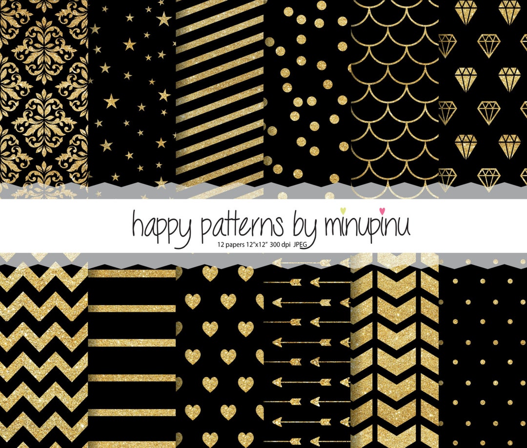 Black and Gold Digital Paper, Gold Glitter Digital Papers, Glam Party ...