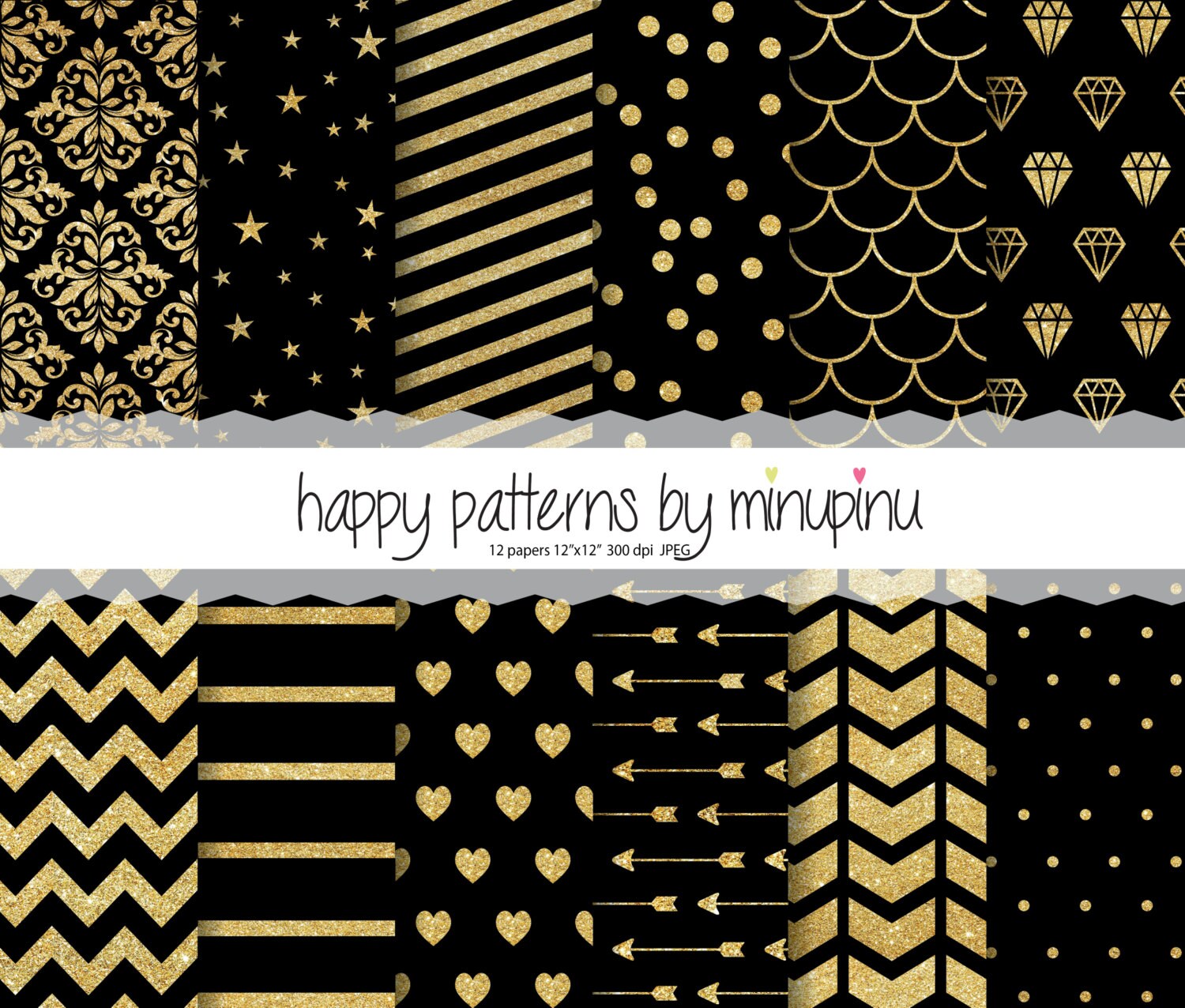 Black and Gold Digital Paper, Gold Glitter Digital Papers, Glam Party ...