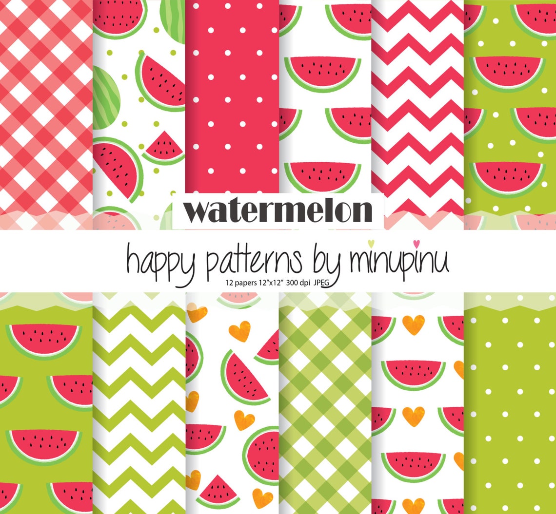 Watermelon Digital Paper, Red and Green Watermelon Backgrounds, Gingham ...
